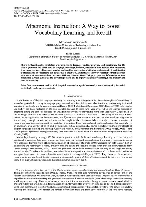 Mnemonic Instruction A Way To Boost Voca ISSN 1798 Journal Of Language Teaching And Research