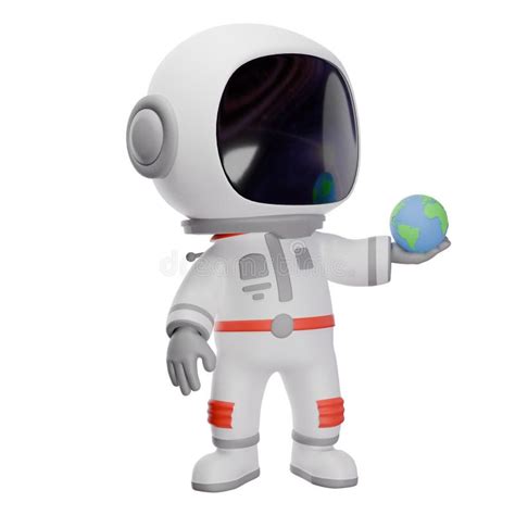 A Chibi Astronaut Stands Holding The Globe In His Left Hand Stock