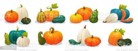흰색 배경에 분리된 다양한 색상과 모양의 호박 아이콘 집합 10월에 대한 스톡 벡터 아트 및 기타 이미지 10월 가을 개체 그룹 Istock
