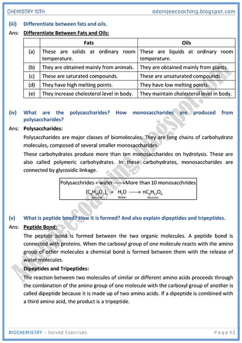 Adamjee Coaching Biochemistry Solved Exercise Chemistry 10th