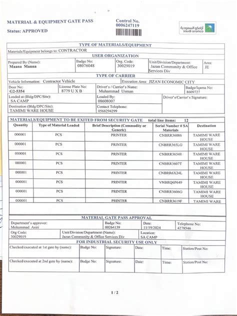 Material And Equipment Gate Pass Pdf
