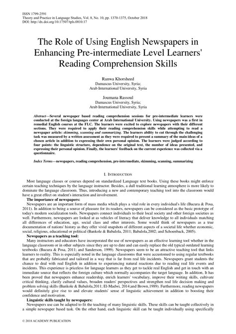 Pdf The Role Of Using English Newspapers In Enhancing Pre Intermediate Level Learners Reading