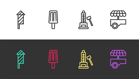 세트 라인 불꽃 놀이 로켓 아이스크림 망치와 검은 색과 흰색 패스트 스트리트 음식 카트와 스트라이커 매력 벡터 0명에 대한 스톡 벡터 아트 및 기타 이미지 Istock