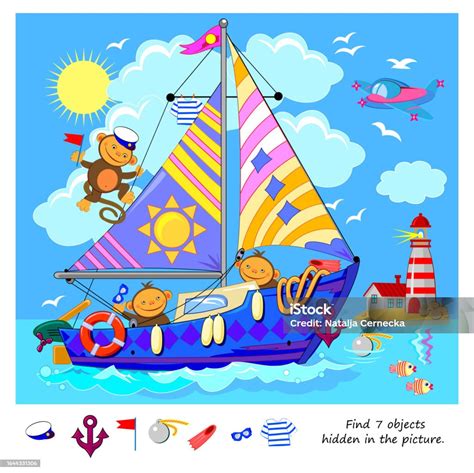 아이들을 위한 논리 퍼즐 게임 그림에 숨겨진 7 개의 물체를 찾으십시오 어린이를 위한 교육 페이지입니다 계산 기술 개발 온라인 플레이 Iq 테스트 세심함을위한 작업 만화