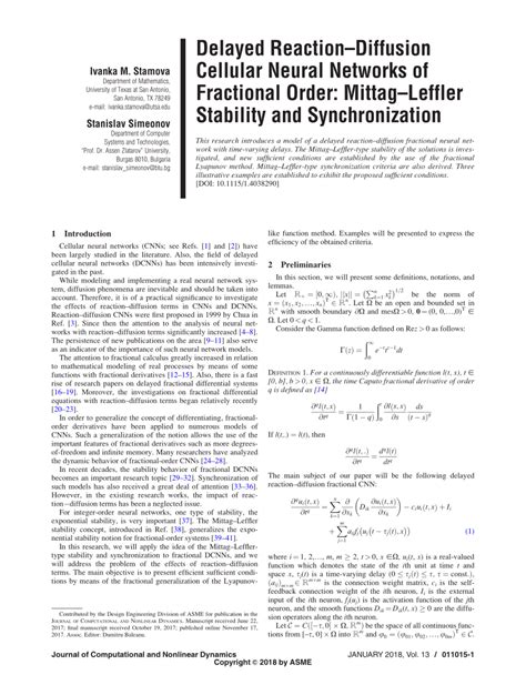 Pdf Delayed Reaction Diffusion Cellular Neural Networks Of Fractional Order Mittag Leffler