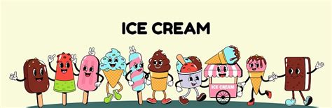복고풍 만화 아이스크림 배너입니다 재미있는 아이스크림 캐릭터 초콜릿 아이스 캔디와 젤라토 달콤하고 차가운 유제품 및 과일 디저트 벡터 포스터에 대 한 귀여운 Kawaii