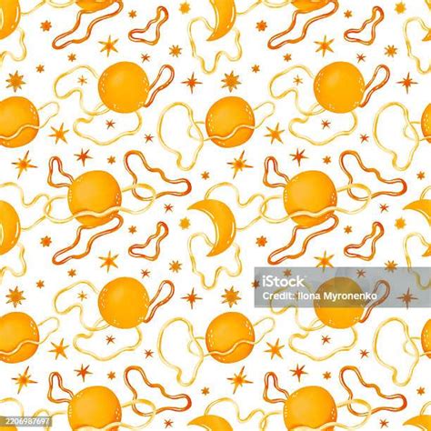 손으로 그린 노란색 코스모스 패턴입니다 귀여운 행성과 궤도 추상적인 질감 별 점 추상적인 패턴 어린이 직물 섬유 보육원 벽지에 적합합니다 손으로 그린만화일러스트 레이 션 0