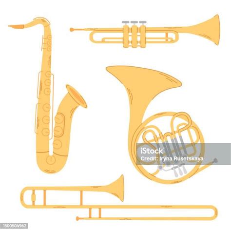 흰색 배경에 분리된 다양한 금색 황동 목관악기 컬러 플랫 벡터 그림입니다 Classical Concert에 대한 스톡 벡터 아트 및 기타 이미지 Classical