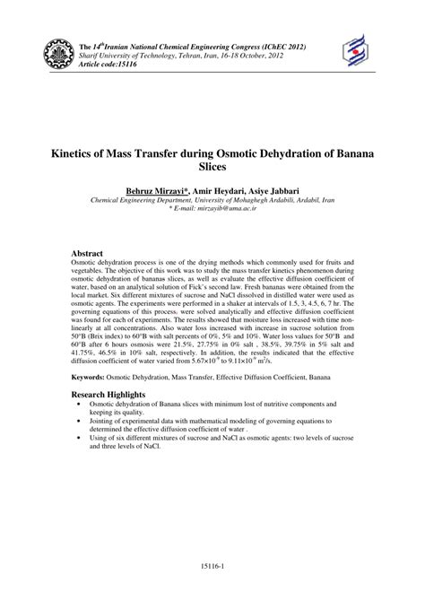 Pdf Kinetics Of Mass Transfer During Osmotic Dehydration Of Banana Slices