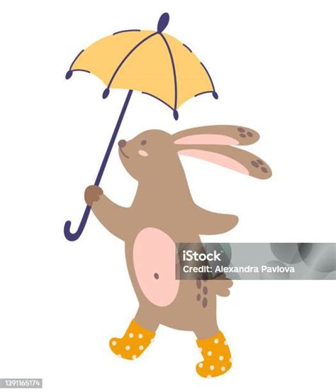 토끼 우산과 고무 부츠가있는 귀여운 토끼 어린이 엽서 인쇄물 및 포스터 인쇄에 적합합니다 벡터 만화 일러스트 레이 션 아기방에 대한 스톡 벡터 아트 및 기타 이미지 Istock