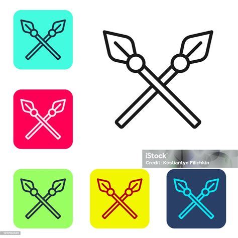 검은 색 선은 흰색 배경에 고립 된 중세 창 아이콘을 교차 중세 무기 색상 정사각형 단추로 아이콘을 설정합니다 벡터 긴 창에 대한 스톡 벡터 아트 및 기타 이미지 Istock