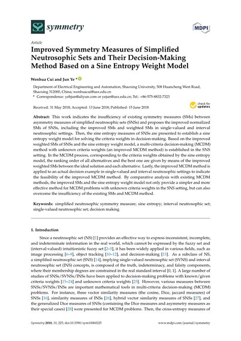 Pdf Improved Symmetry Measures Of Simplified Neutrosophic Sets And Their Decision Making
