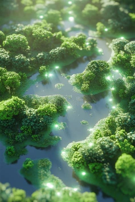 A Detailed 3d Environmental Map With Glowing Gis Overlays Of Forest