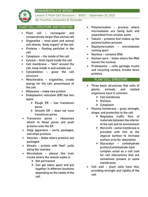 Plant Cell Structure Lec Notes Pdf Cell Biology Cell Membrane