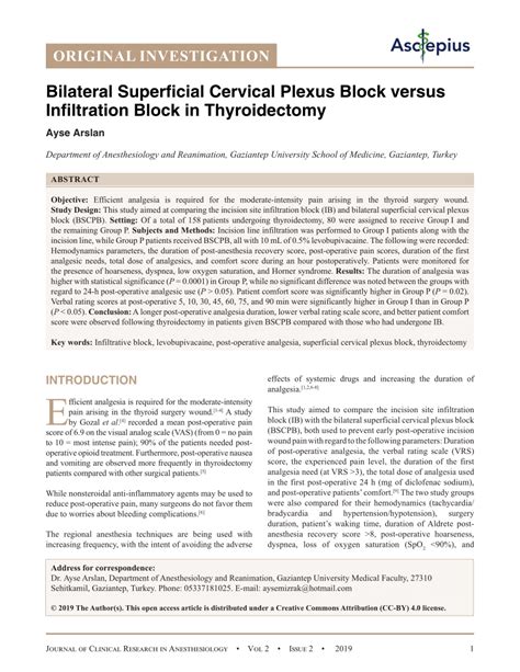 Pdf Bilateral Superficial Cervical Plexus Block Versus Infiltration Block In Thyroidectomy