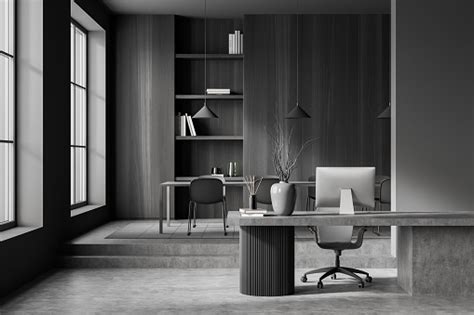 작업장 의자 및 테이블이있는 회색 사무실 실 인테리어 창문 근처 선반 3차원 형태에 대한 스톡 사진 및 기타 이미지 3차원 형태 건축 고층 건물 Istock