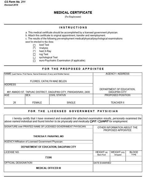 Cs Form No 211 Medical Certificate 3 Download Free Pdf Physician