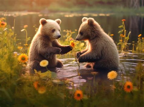 Two Bear Cubs Play Together Stock Illustration Illustration Of Water