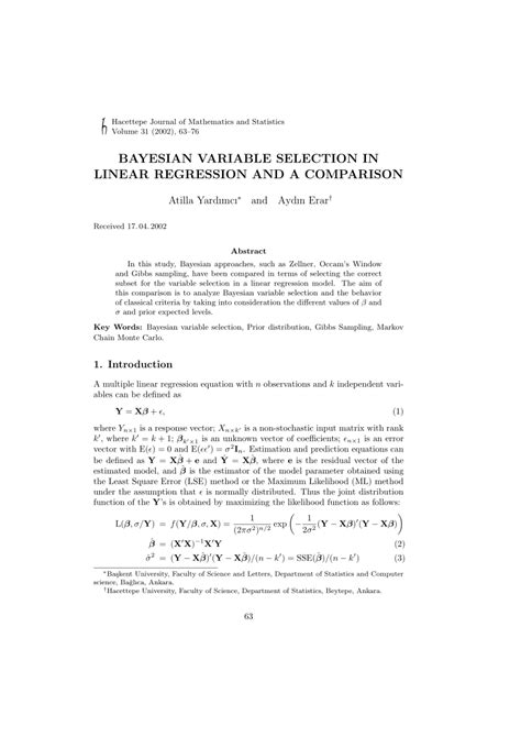 Pdf Bayesian Variable Selection In Linear Regression And A Comparison