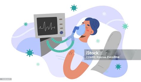 인공 폐 환기 는 코비드 환자에 대한 병원에서 집중 치료 중요한 조건에서 코로나 바이러스에 의해 감염된 여성 벡터 일러스트 레이션 만화 캐릭터 폐 인공 호흡기 산소 호흡기에