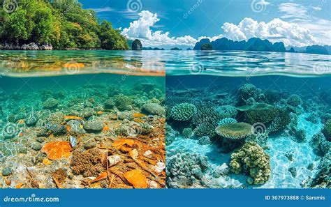 Before And After Of Ocean Floor Pollution And Coral Reef Restoration Stock Illustration