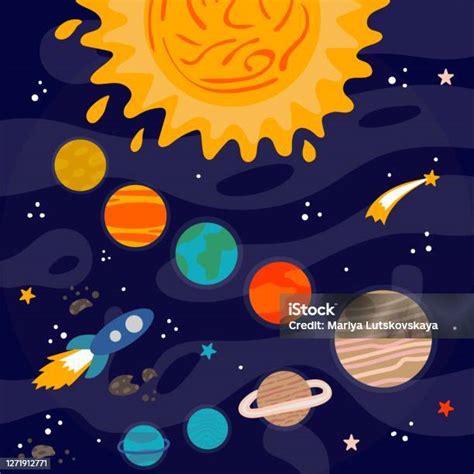 만화 태양계 공간 물체가 있는 천국 과학 포스터 우주 배경 태양 별과 천문학 개체에 다채로운 행성 로켓 벡터 교육 일러스트와