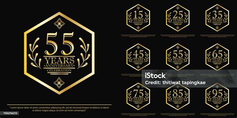15 55 번째 육각형 프레임과 우아함 황금 기념일 축 하의 상징의 집합입니다 웹 게임 크리에이 티브 포스터 소책자 전단지