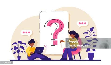 문서에 물음표 비즈니스 우먼과 남자는 종이에 거대한 물음표 주위에 질문을 현대 플랫 일러스트 질의응답에 대한 스톡 벡터 아트 및