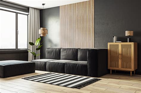 검은색 소파 나무 캐비닛 자연 채광이 들어오는 낮 배경의 대형 창문 옆 줄무늬 카펫이 있는 현대적인 거실 인테리어 3d 렌더링 0명에 대한 스톡 사진 및 기타 이미지