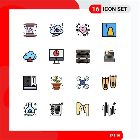 Editable Vector Line Pack Of 16 Simple Flat Color Filled Lines Of Technology Cloud Heart Picture