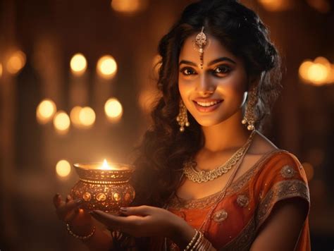 Premium Ai Image Beautiful Indian Woman Holding Diwali Lamp