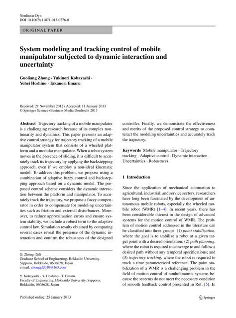 Pdf System Modeling And Tracking Control Of Mobile Manipulator Subjected To Dynamic