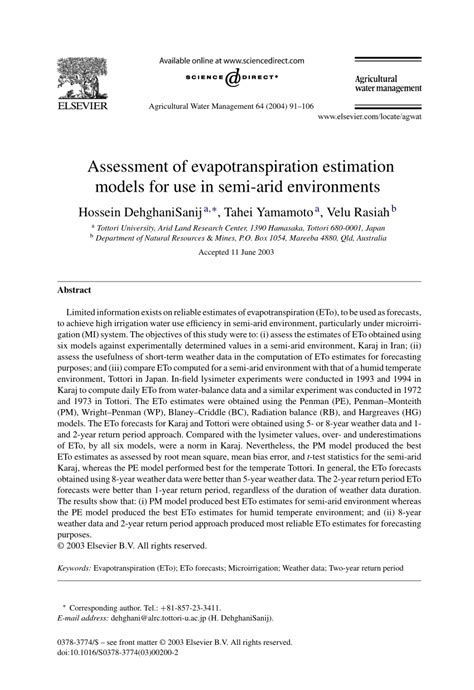 Pdf Assessment Of Evapotranspiration Estimation Models For Use In Semi Arid Environments