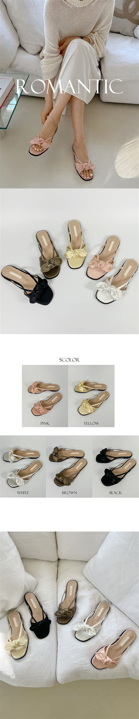 세틴 리본 매듭 스트랩 낮은굽 뮬 슬리퍼 15cm