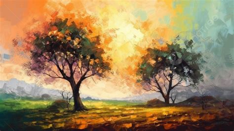 Landscape Tree Grass Sunset Evening Background Landscape Tree Sky