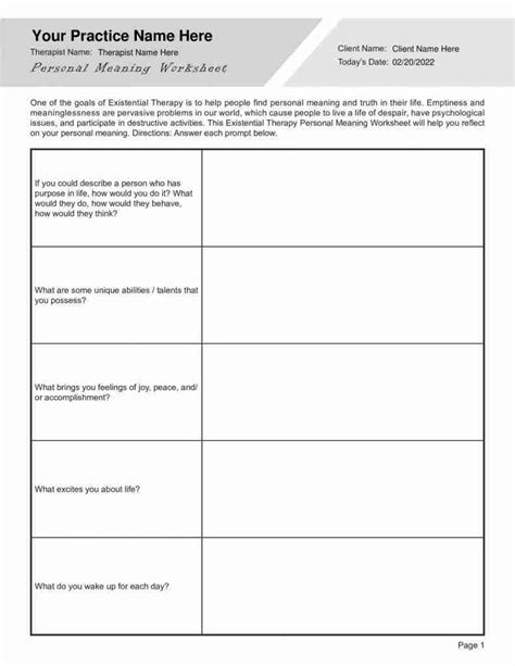 Existential Therapy Personal Meaning Worksheet Pdf