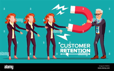 Customer Retention Vector Businessman With Giant Magnet Attracts Client Woman Success Strategy