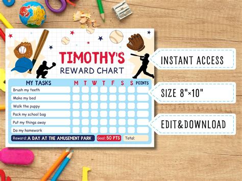 Editable Baseball Reward Chartboys Reward Chartbaseball Chore Chart
