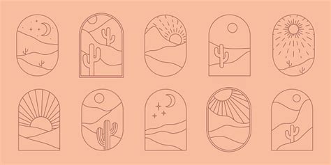 사막이 있는 보헤미안 로고 풍경 선인장 모래 산 태양과 달 추상적인 디자인 템플릿 트렌디한 라이너 스타일의 벡터 보헤미안 빅 세트 아치 건축적 특징에 대한 스톡 벡터 아트