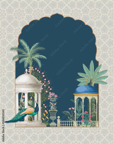 Mughal Garden Arch Plant Peacock Illustration Traditional Islamic Pattern Design For
