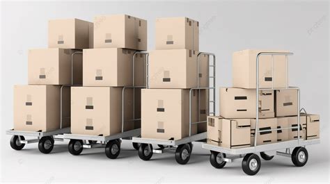 카트에 앉아있는 세 개의 상자 흰색 배경에 소포 상자가 있는 3d 렌더링 핸드 트럭 고화질 사진 사진 뱃짐 배경 일러스트
