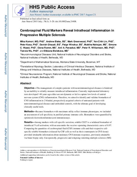 Pdf Cerebrospinal Fluid Markers Reveal Intrathecal Inflammation In Progressive Multiple