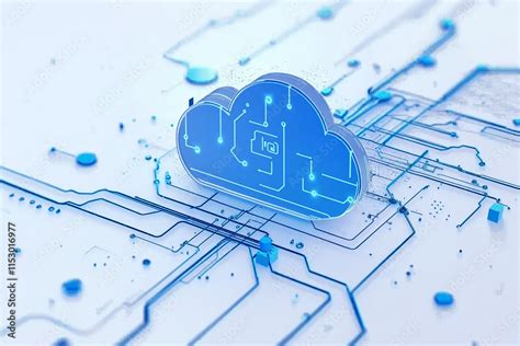 Abstract Cloud Computing Technology Blue Wireframe Graphics And Nodes On White Background