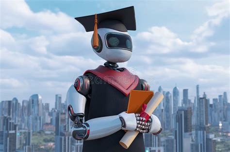 Humanoid Robot College Graduate In Graduation Gown And Cap Against Big