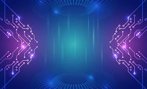 다양한 기술 요소가 있는 하이테크 파란색 배경 조명 효과가 있는 회로 기판 및 3d 디스크의 벡터 그림입니다 추상적인 미래 지향적 커뮤니케이션 3차원 형태에 대한 스톡 벡터