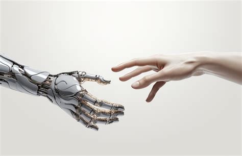 두 세계에서 인간과 기술 사이의 인간 손과 로봇 손 연결 프리미엄 사진