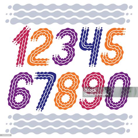 벡터 유행 멋진 숫자 컬렉션입니다 0에서 9 까지의 둥근 굵은 기울임꼴 숫자는 레트로 디스코 팝 포스터 디자인에 사용할 수 있습니다 흐르는 라인으로 제조 0명에 대한 스톡