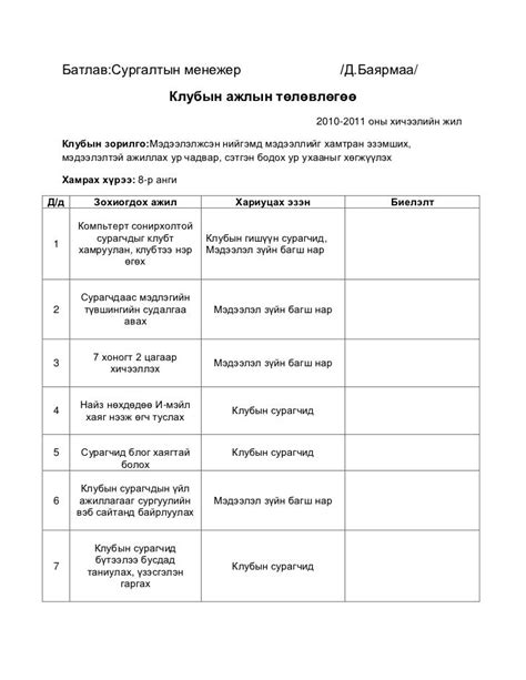 клубын ажлын төлөвлөгөө