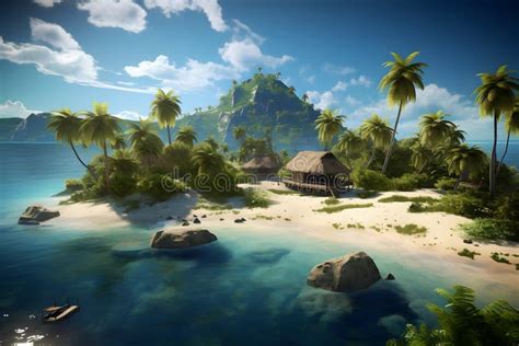 Exotic Tropical Island Landscape Neural Network Ai Generated Stock