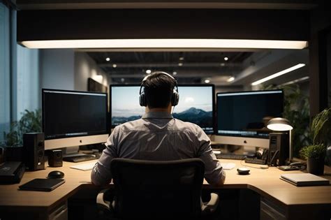 Premium Photo Wide Angle Back View At Man Using Computer At Home Office With Modern Tech Interior